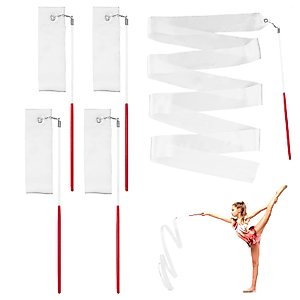 Grevosea 4 PCS Gymnastics Ribbon,Dance Ribbons Rhythmic Dancing Streamers White Ribbon Baton Twirling Wands for Twirling Artistic Dancing Gymnastics Kids Talent Shows Gymnastic Training