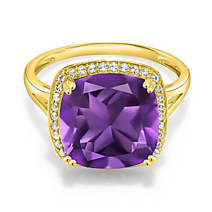 Gem Stone King 10K Yellow Gold Purple Amethyst and White Created Sapphire Ring For Women (6.74 Cttw, Cushion Cut 12MM, Gemstone Birthstone, Available 5,6,7,8,9) (Size 6)