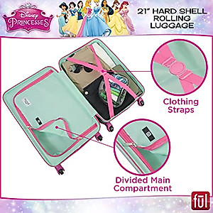 FUL Disney Princess Girl Power 21 Inch Kids Rolling Luggage, Hardshell Carry On Suitcase with Wheels, Multi, Blue (FCGL0028SAMEC-410)