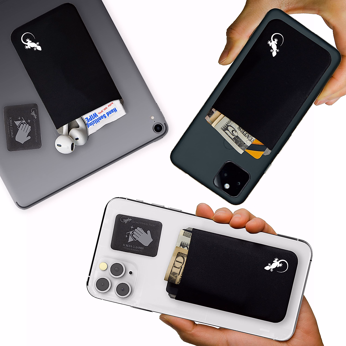 Gecko Travel Tech A Card Holder Phone Wallet Stick on - Credit Card Holders Universal to Any Cell Phone - Black/White
