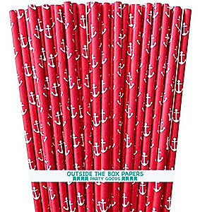 Anchor Nautical Themed Paper Straws - Red and White - 7.75 Inches - 100 Pack - Outside the Box Papers Brand
