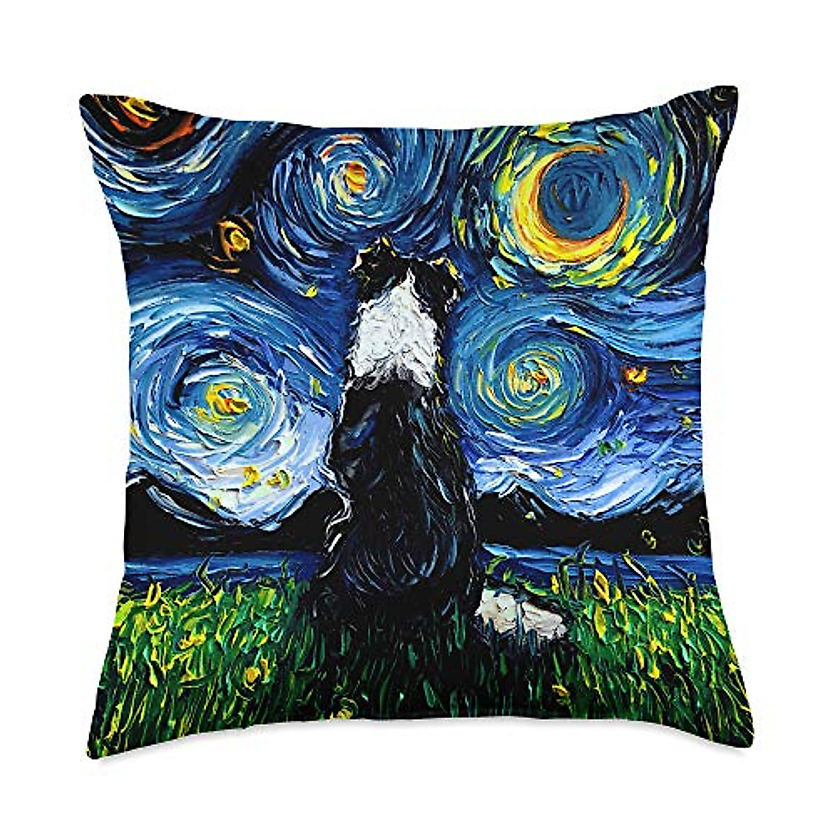 Sagittarius Gallery Border Collie Back Full Version Starry Night Dog Art by Aja Throw Pillow, 18x18, Multicolor