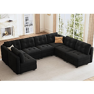 HONBAY Modular Sectional Sofa Oversized U Shaped Couch with Storage Seat Velvet 7-Seat Modular Sofa with Reversible Chaises,Velvet Black