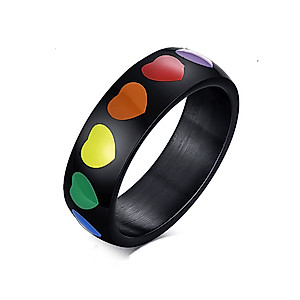 Dainty Love Heart Rainbow Enameled LGBT Pride Band Rings Chuky Thick Stainless Steel Statement Promise Engagement Eternity Couple Rings Love is Love Finger Knuckle Rings Boyfriend Girlfriend Wedding