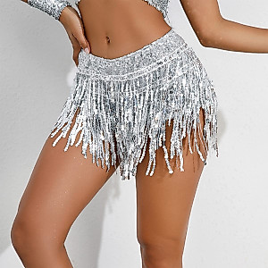Rave Shorts for Women: Shiny Sequins Fringe Skirt Mini Skort Sparkle Booty Shorts Tassel Rave Skirts Skort Music Festival Bottoms Space Cowgirl Alien Costume Halloween Cosplay Outfit Silver Large