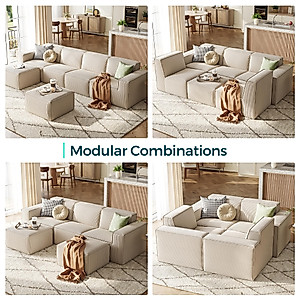 LINSY HOME Oversized Deep Modular Sectional Sofa, Cloud Couch L Shaped 4-Seat Sofa with Ottoman, Corduroy Sectional Couches for Living Room, No Assembly Required, Beige
