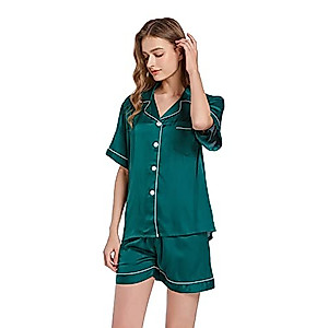 Mergorte Womens Silk Satin Short Sleeve Button-Down Sleepwear Loungewear Pajamas Set DarkGreen M