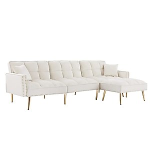 FANCUF Velvet Upholstered Reversible Sectional Sofa Bed, L-Shaped Couch with Movable Ottoman for Living Room.