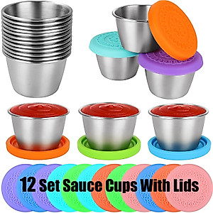 12PCS Metal Sauce Cups 2.5oz Ramekins, Stainless Steel Dipping Sauce Cups with Lids, Reusable Salad Dressing Container To Go, Sauce Containers Small Bowls for Lunch Bento Box, Party Picnic Travel
