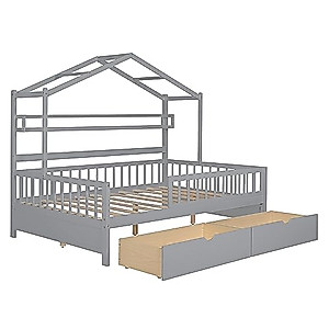 WADRI Full Size House Bed with 2 Drawers and Shelf, Wood House Bed Frame with Roof Design and Safety Guardrail, Montessori Bed for Girls Boys Bedroom, Can be Decorated (Gray + Wood-A32)