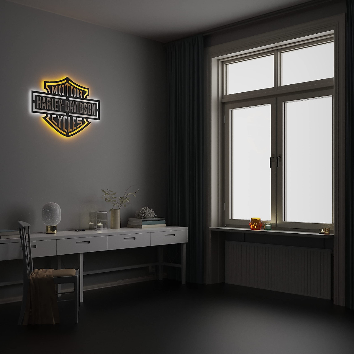 Harley Davidson Wall Sign - Led Illumination - Garage Sign - Wall Art Orange White (20x15") (20x15")