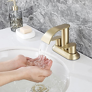 4 inch Centerset Bathroom Faucets Brushed Gold, Stainless Steel Gold Sink Faucet Bathroom with cUPC Supply Lines, Jodulos 2 Handle Waterfall Bathroom Sink Faucet with Pop Up Drain Stopper JU-DE-201-BG