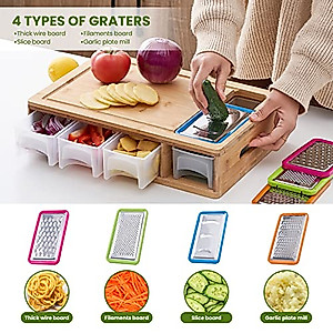 COMELLOW Bamboo Cutting Board with Containers, Lids, and Graters, Large Wood Chopping Board with Containers, Food Dropping Zone, Carving Board with Easy-grip Handle, Juice Groove