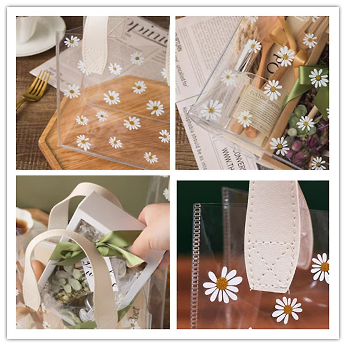 Clear Gift Wrap Bag with Handles (2pcs,9.1 X 9.8X 5.5'') Heavy Duty Plastic Waterproof Gift Packing Bag for Party, Reusable Merchandise Retail Transparent PVC Shopping Tote Bags for Package Candy