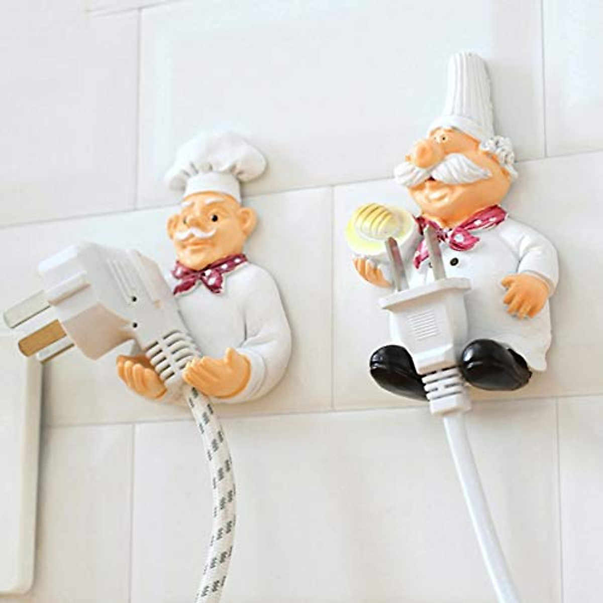 NewFerU Cute Adhesive Resin Fat Chef Utility Wall Hook Rack Hanger Sticky Cable Plug Holder Art Décor Storage Organizer Set for Coat Clothes,Towel,Wreath,Key,Garage,Kitchen,Bathroom,Kids Room (H+F)