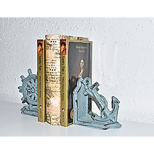 JUCONSIN Anchor Bookends, Antique Blue Nautical Ship Wheel and Anchor Decorative Bookends Set, Heavy Duty Cast Iron, Cute Bookends for Office Home Desk Bookrack Shelves