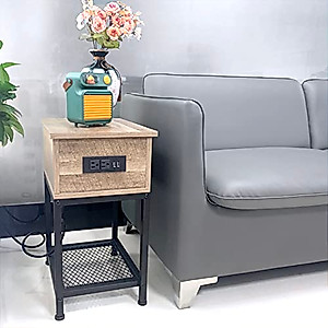 Nightstand with Charging Station USB Outlet, Narrow End Table with Storage Open Shelf, Couch Side Table Slide Top, Wood & Metal Modern Nightstand with Drawer for Bedroom Living Room Dorm, Light Brown