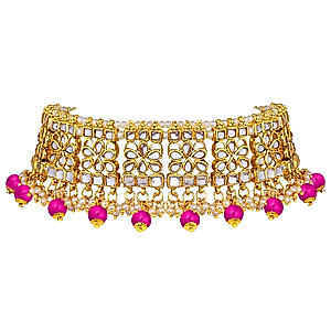 Aheli Elegant Indian Faux Kundan Studded Choker Necklace with Maang Tikka Set Ethnic Wedding Wear Fashion Jewelry for Women (Rani Pink)