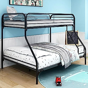 Anwickhomk Metal Bunk Bed Twin Over Full Size,Heavy Duty Floor Bunk Beds Frame with Enhanced Upper-Level Guardrail and Ladder for Boys Girls Adults Dormitory Bedroom,No Box Spring Needed,Black