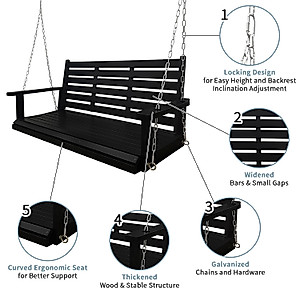 Wooden Porch Swing, Ergonomic Seat, Bench Swing with Hanging Chains and 7mm Springs, Heavy Duty 880 LBS, for Outdoor Patio Garden Yard (Black, 2-Seater Extra Large)