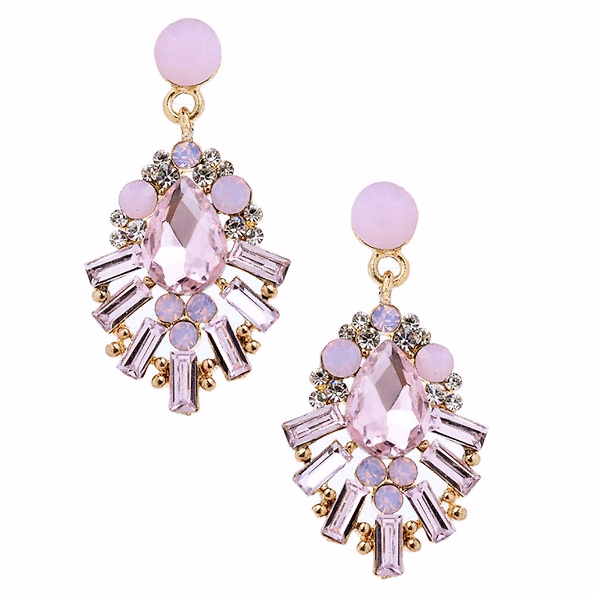 Gold Tone Antique Vintage Retro Art Deco Style Pink Rhinestone Dangle Wedding Bridal Prom Bridesmaid Cluster Earrings