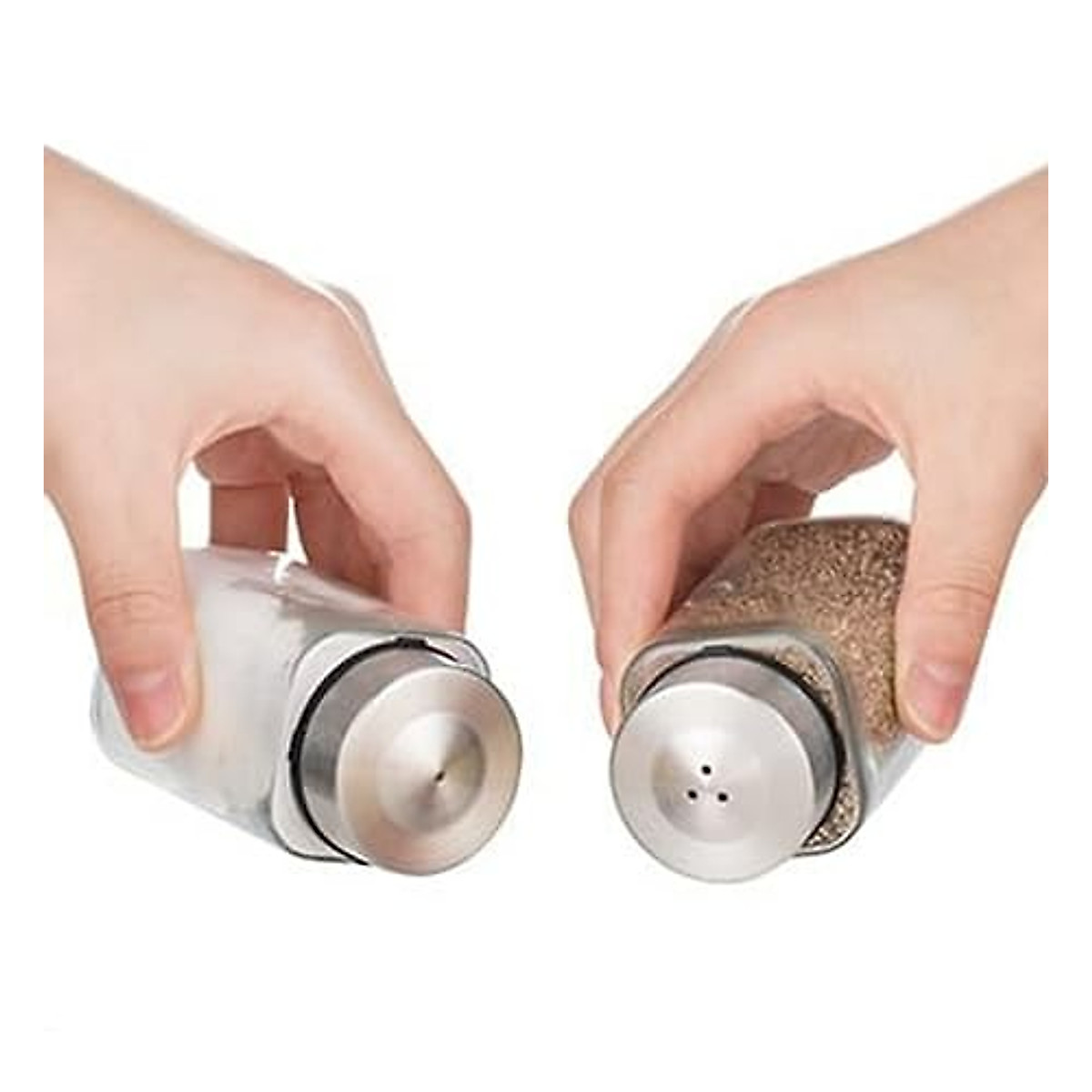J&M Design Salt And Pepper Shakers Set Glass Bottle Stainless Steel Lid For Kitchen Tabletop Spice Seasoning Or Travel Set Of 2 Refillable Jar Dispenser Container Shaker