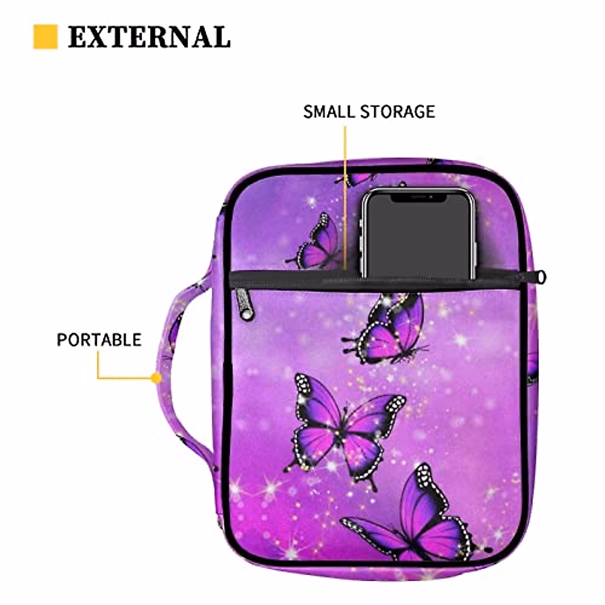Freewander Purple Butterfly Bible Covers for Women Family Bible Case with Handle Open with Zipper Large Book Carrying Case with Pockets, 11“x8.6”x2.36"