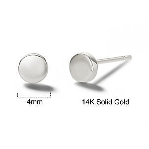 Carleen 14K Solid White Gold Earrings Dainty 4mm Tiny Statement Dot Solitaire Round Earrings Delicate Fine Jewelry Stud Earrings for Women