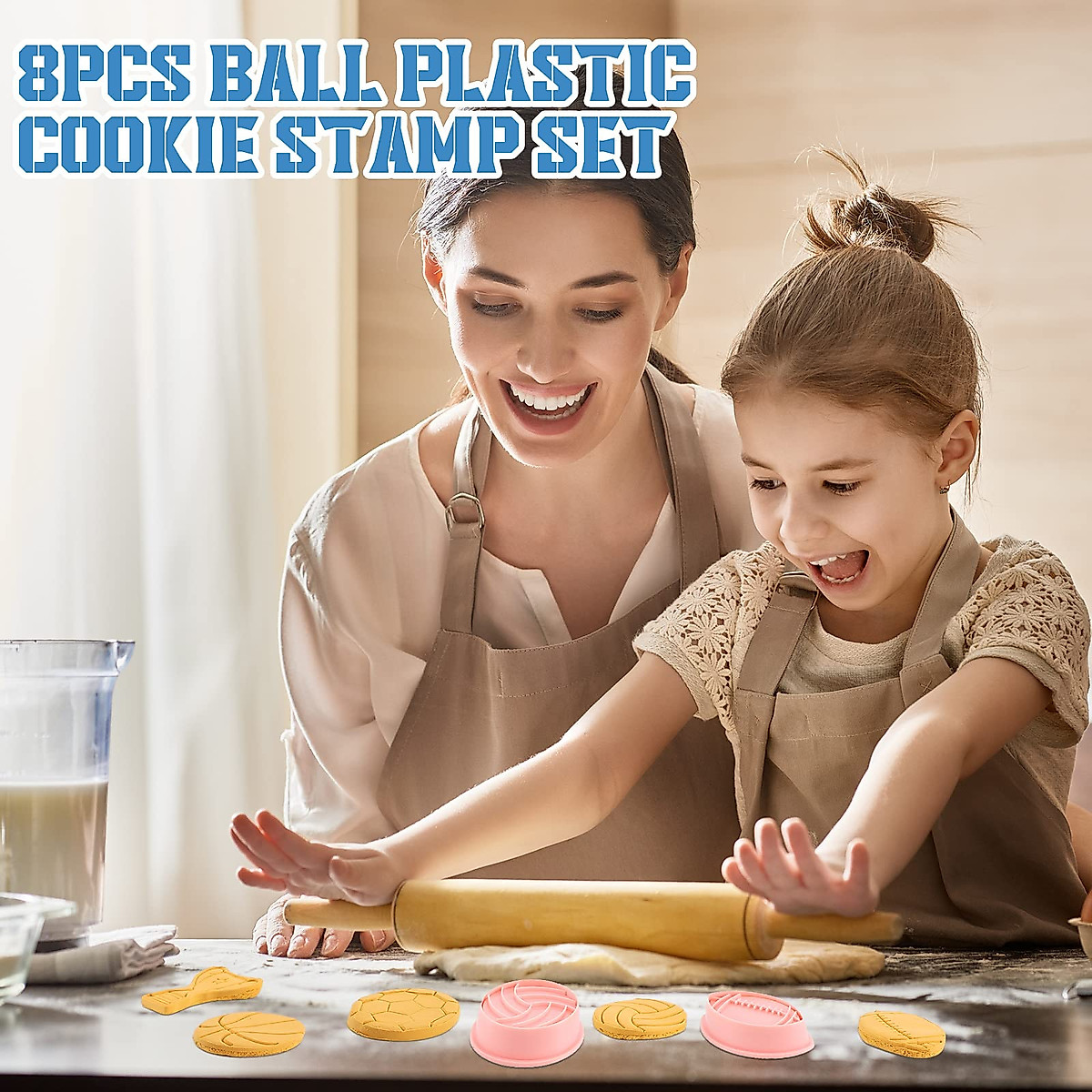 8 Pieces Sport Ball and Birthday Cookie Stamps with Plunger Cutters Set 3D Football Volleyball Soccer Basketball Cake Flower Shape Biscuit Cutter Cookie Stamps for DIY Cookie Supplies (Ball Style)