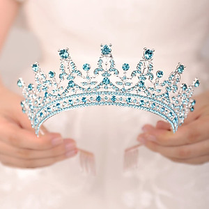 JWICOS Princess Tiara and Crown for Women Wedding Headband Crown with Comb for Brides and Bridesmaid Crystal Rhinestone Hair Accessories for Birthday Party Prom (Blue)