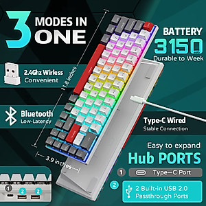 RK ROYAL KLUDGE RK G68 65% Wireless Mechanical Keyboard, Bluetooth5.1/2.4G/Wired Hot Swappable Mechanical Keyboard with 3 USB Ports, 68 Keys RGB Blue Switch for Mac Windows, Classical Red