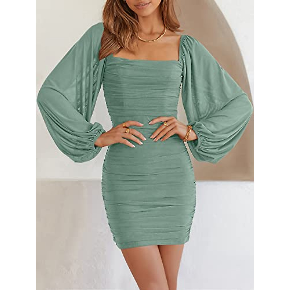 ANRABESS Women Long Sleeve Square Neck Mesh Ruched Bodycon Mini Dress Party Club Cocktail Formal Wedding Guest Short Dresses Light Green Medium