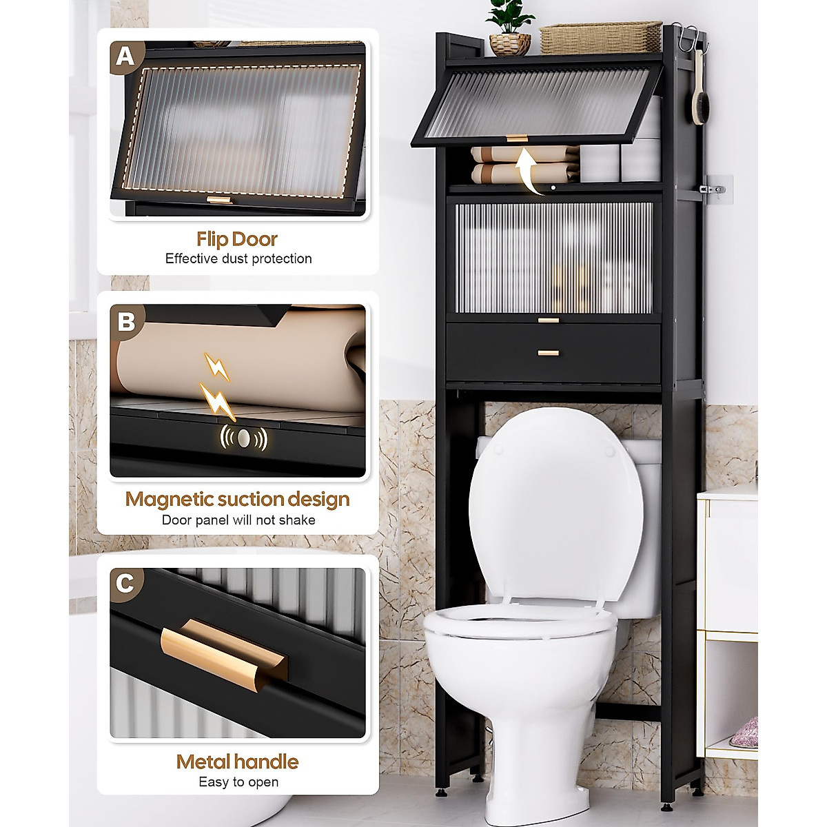 Cozivolife Over The Toilet Storage Cabinet with Drawer and Flip Door,Bamboo Bathroom Organizer Shelf with Anti-Tip Design and Waterproof Feet Pad,Freestanding Rack Above Toilet Space Saver (Black)