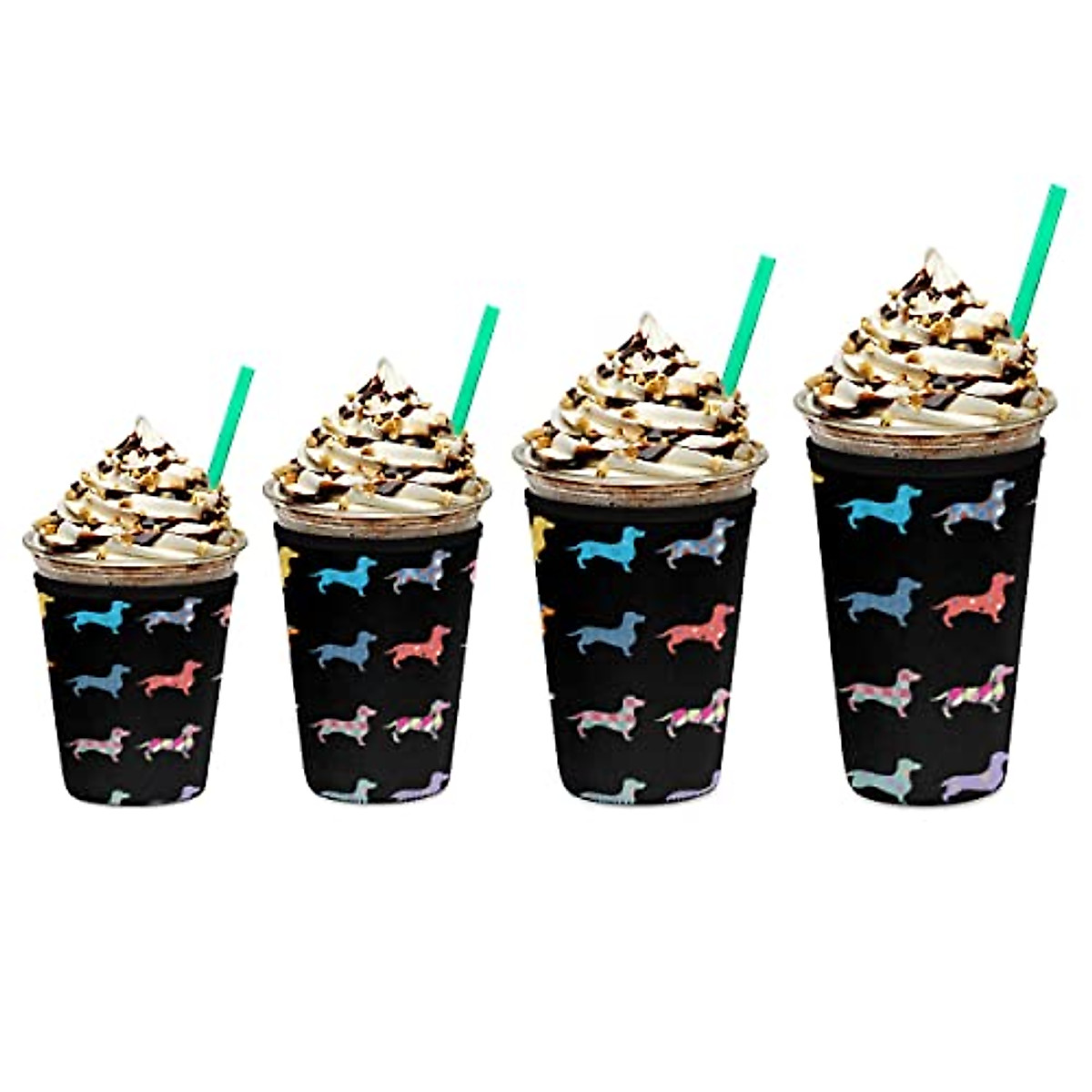 Funny Dachshund Dog Reusable Iced Coffee Sleeve, Decorative Dogs Insulator Sleeve for Cold Drinks Beverages Neoprene Cup Holder for Cold Drink Cups-(26-28oz)