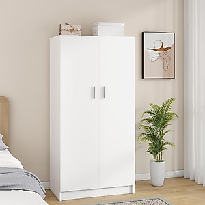 Panana 2 Door Wood Wardrobe Cabinet Closet with Hanging Rail and 2 Shelves, Bedroom Armoire for Storage (White)