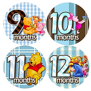 onthly Stickers | Blue Winnie Pooh Baby Milestone Sticker | Infant Newborn Boy Photo Prop | Month Bodysuit Stickers for Babies | Cute Winnie Pooh Friends Newborn Monthly Milestones (Set of 12)