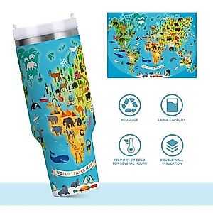 Slewiaeky Tumbler with Handle 40 oz Animal Map Children Travel Mug with Lid and Straw Stainless Steel Vacuum Insulated Water Bottle Cup for Iced Tea Coffee Cold Beverages Cup Holder Friendly