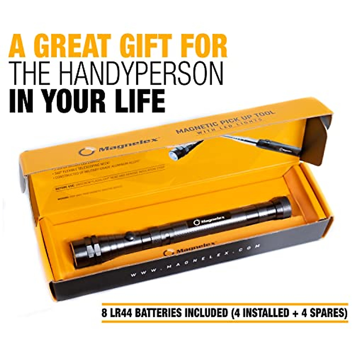 Magnelex Magnetic Pickup Tool - Stocking Stuffers for Men - Christmas Gift for Dad, Husband, Son. Unique Gift and Stocking Stuffer Idea. Telescoping Magnet Stick with LED Lighted Head & Magnetic Base