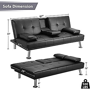 Anwick Modern Leather Futon Sofa Bed,Convertible Folding Couch Recliner Sleeper Loveseat for Small Space,Apartment,Office,Dorm,with Cup Holders and Removable Armrest Black (Black)