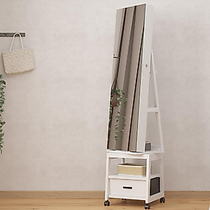 IDEALHOUSE 360° Swivel Jewelry Cabinet with Large Storage Capacity, Rotatable Full Length Mirror with Jewelry Storage, Lockable Floor Standing Jewelry Armoire Organizer with Drawer and Wheels, White