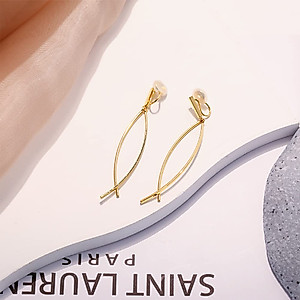 CLASSYZINT Gold Soft Clip On Earrings,2 Pieces Thin Curved Metal Bar, Gold Plated Simple Long Dangle Earrings For Women