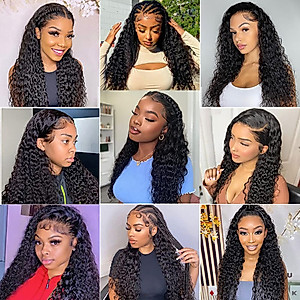 Water Wave Lace Front Wigs Human Hair 180% Density 13x4 HD Lace Frontal Wigs Human Hair Wet and Wavy Glueless Wigs for Women Deep Curly Human Hair Lace Front Wigs Pre Plucked Natural Color 24 Inch
