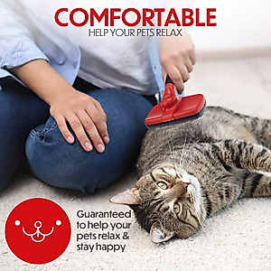 Pet Pull Self Cleaning Slicker Brush for Cat and Dog Coat - Detangler Dog Brush for Shedding & Grooming - Super Easy to Clean Deshedding Grooming Tool Removes Loose Pet Hair, Mats and Tangles (Red)