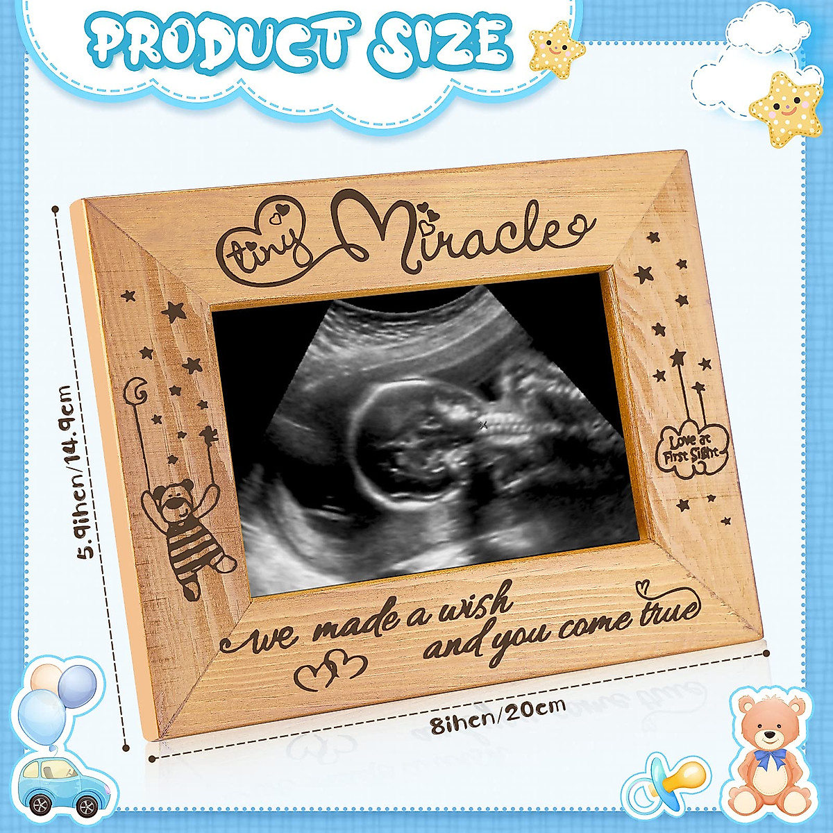 Jenaai Tiny Miracle Engraved Baby Ultrasound Picture Frame New Mom Gift Wood Sonogram Picture Frame Baby Keepsake for Pregnancy Announcements Gender Reveal Baby Shower New Parents, Hold 3 1/2 x 5 Inch Photo