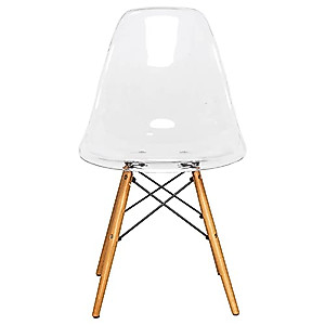 LeisureMod Dover Plastic Molded Dining Side Chair with Wood Dowel Legs (Clear)