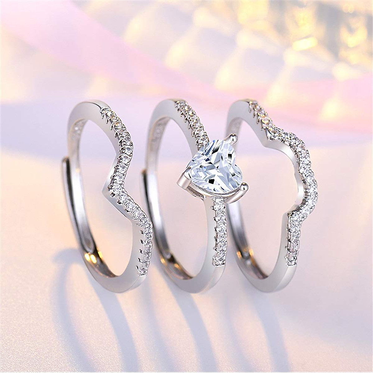 Uloveido 3pcs Set Womens Adjustable Heart CZ Wedding Bands Engagement Ring Enhancer Bridal Rings Platinum Plated Y1117
