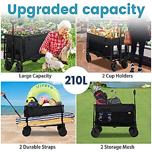 Tempera Collapsible Foldable Wagon with 220lbs Weight Capacity, Folding Wagon with All-Terrain Wheels, Havy Duty Utility Wagon for Sports, Grocery, Garden, Beach, Black