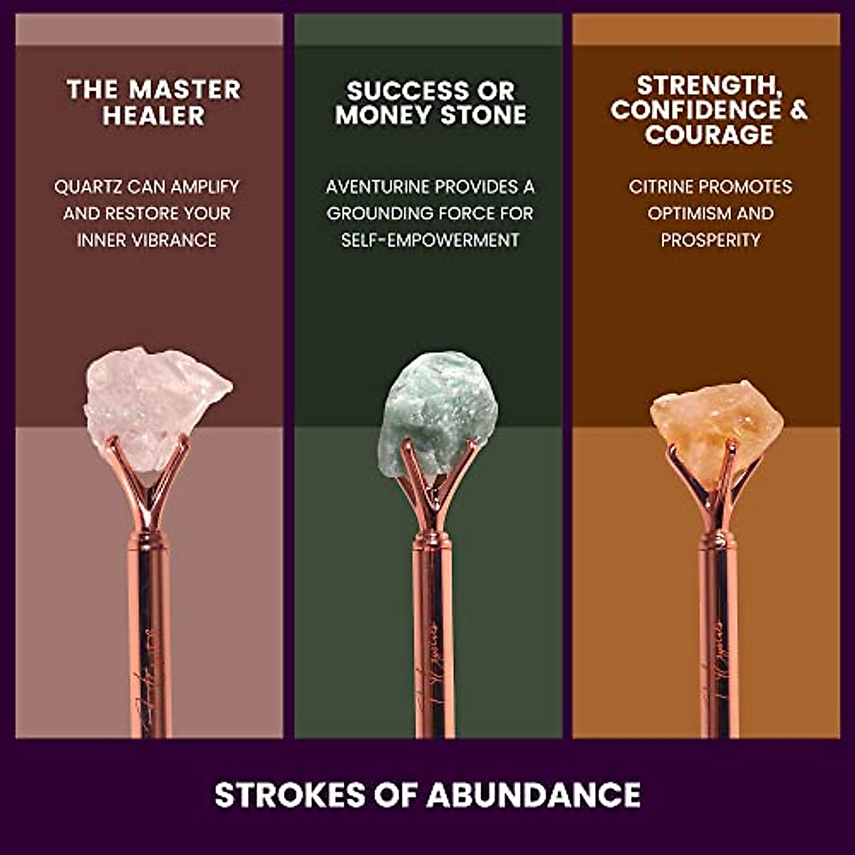 3 Pcs Rose Gold Crystal Pens - Citrine, Clear Quartz, Green Aventure Healing Crystals - For Journaling, Gratitude, Abundance, Witchcraft - Unique Elegant Gift Box