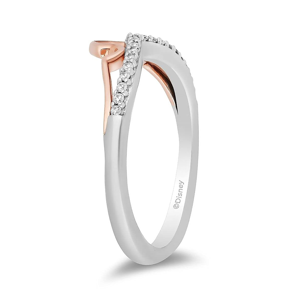 Jewelili Enchanted Disney Fine Jewelry 10K Rose Gold and Sterling Silver 1/10 Cttw Natural White Round Diamond Aurora Tiara Ring, Size 5