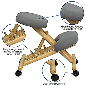 EMMA + OLIVER Mobile Wooden Ergonomic Kneeling Office Chair in Gray Fabric